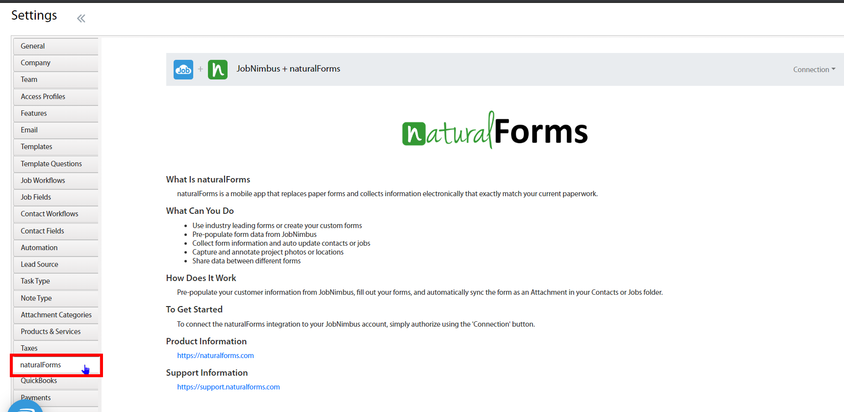 JobNimbus + naturalForms Integration – naturalForms Support