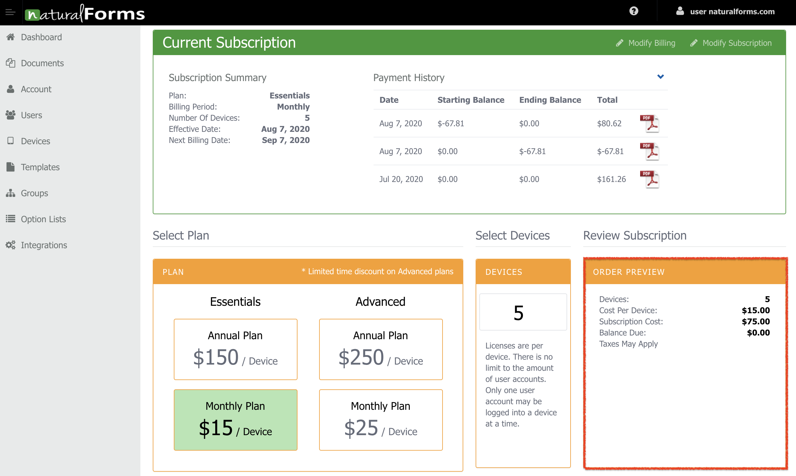 Subscription Overview – naturalForms Support